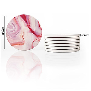 AD Set of 6 Coasters for Drinks Absorbing Round Ceramic Stone Coaster with Cork Base Tabletop Protection Mat for Mugs and Cups,Office,Kitchen (Pind Marble with Holder)