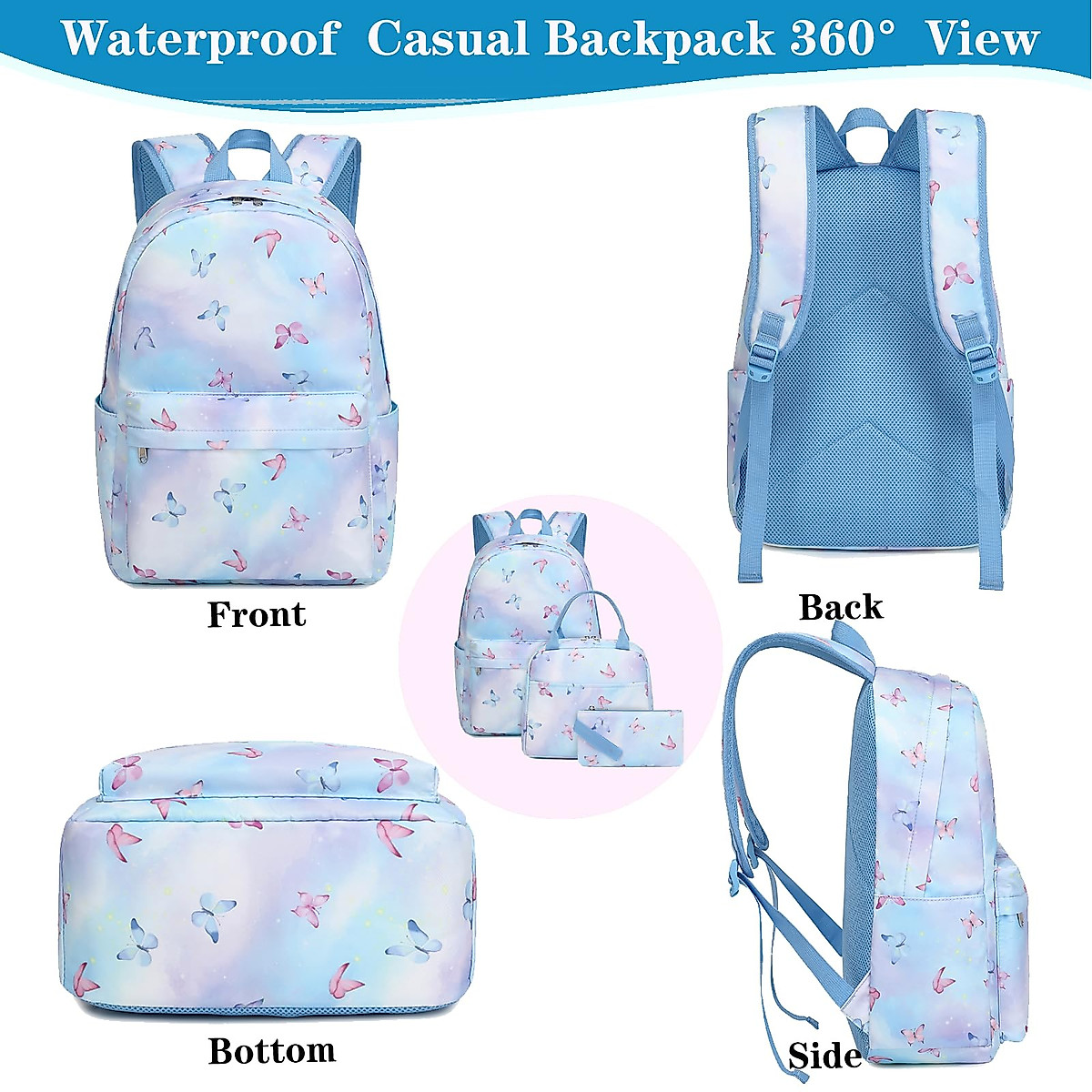Dafelile Butterfly Backpack for Girls Backpack for Teen Girls Bookbags School Backpack with Lunch Tote and Pencil Bag Blue