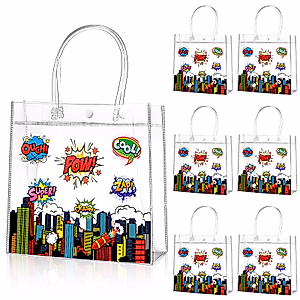 Aliceset 20 Pcs Hero Clear Favor Bags with Handles Hero Party PVC Treat Bags Boom Hero Theme Plastic Gift Bags for Birthday Party Rewards Supplies, 8 x 8 x 3.15 Inch
