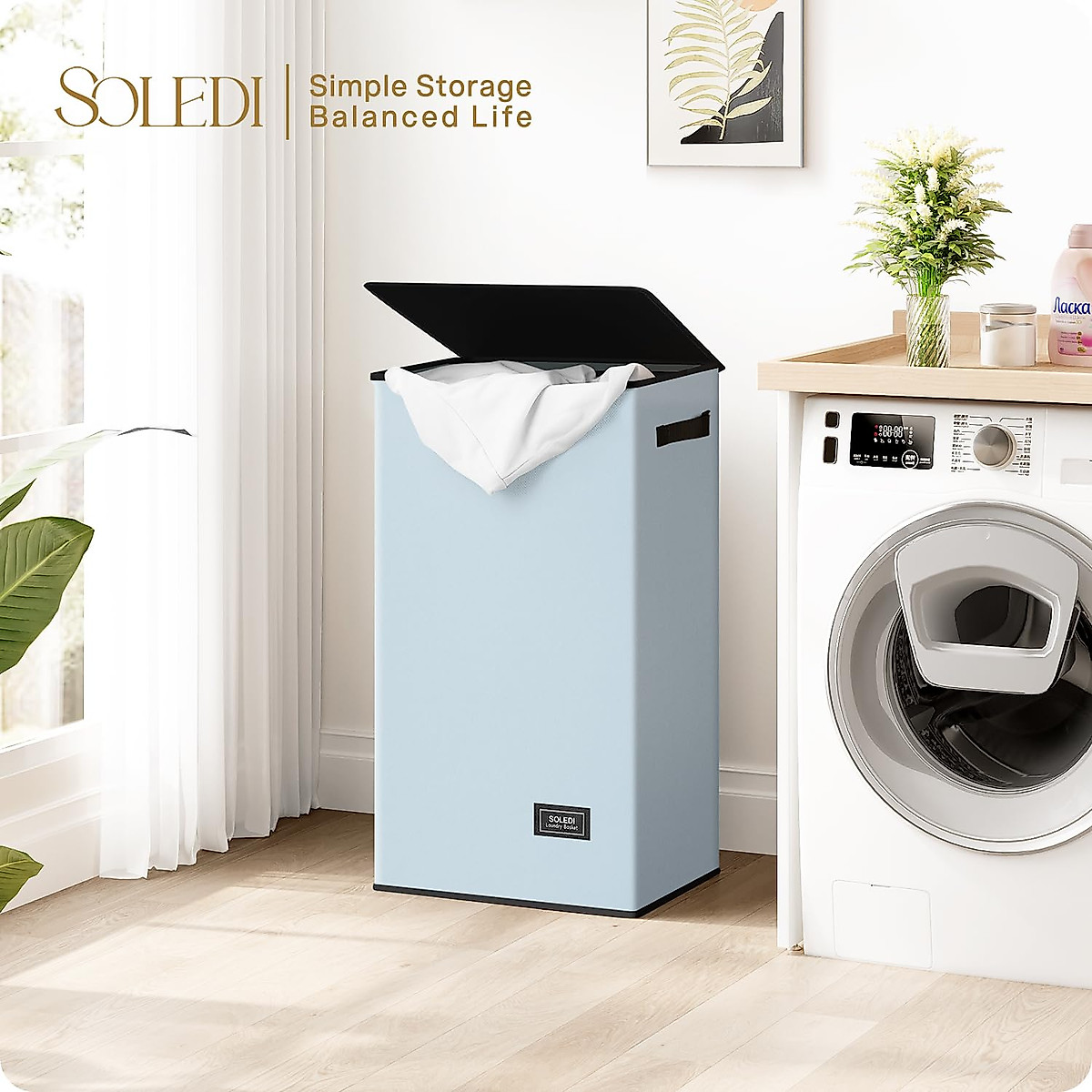 SOLEDI Laundry Hamper with Lid 100L Large & Tall Collapsible Laundry Basket, Clothes Hamper with Bag Removable Easy to Carry, Dirty Hampers for Bedroom, Bathroom, Dorm, College, Blue Grey