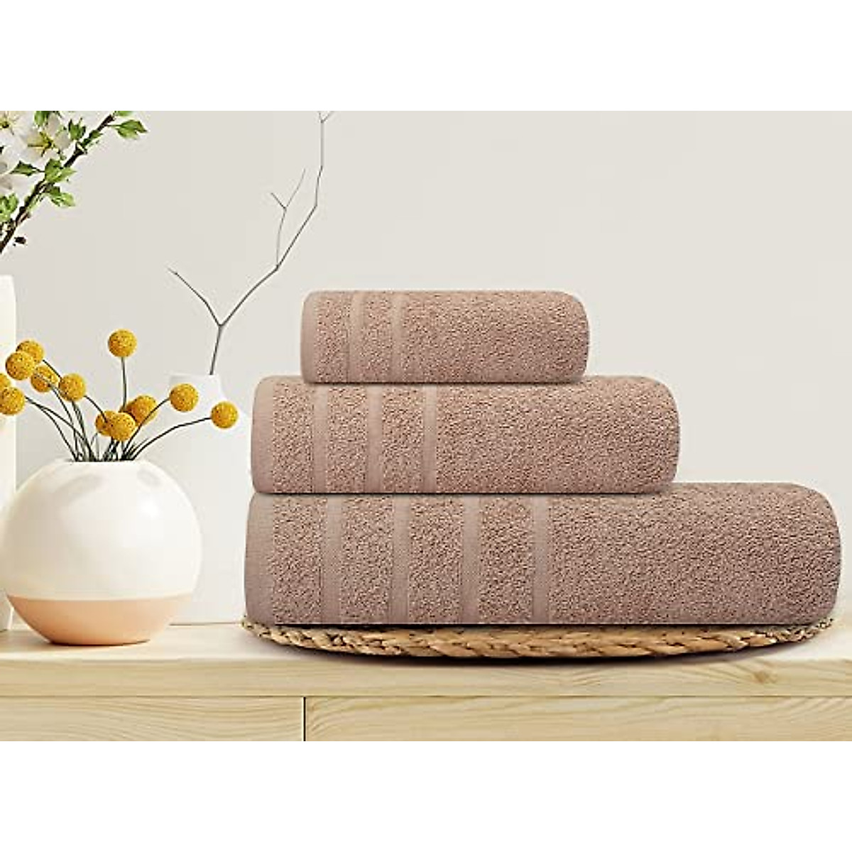 Textila Cotton Towel Set - 3 Piece Set Includes 1 Bath Towels, 1 Hand Towels, and 1 Washcloths - Soft and Absorbent Towel Set for Bathroom - Beige Color Towels Ideal for Everyday Use