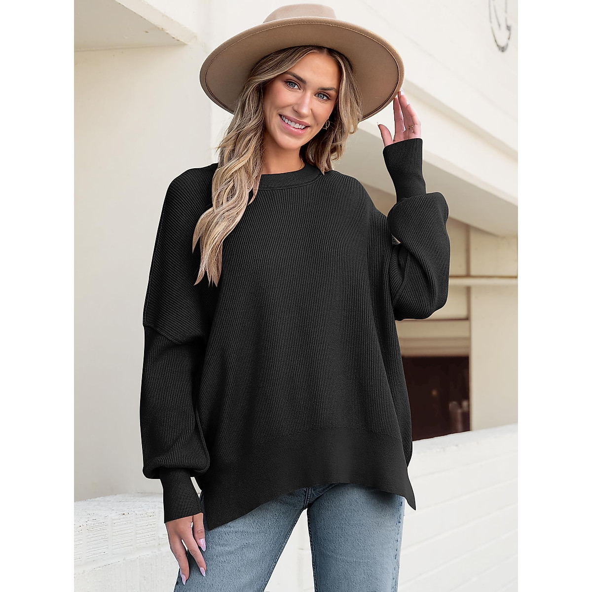 ANRABESS Women Crewneck Batwing Long Sleeve 2024 Fall Oversized Side Slit Ribbed Knit Pullover Sweaters Top Cozy Outfits Black Large