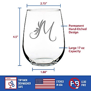 Monogram Floral Letter M - Stemless Wine Glass - Personalized Gifts for Women and Men - Large Engraved Glasses