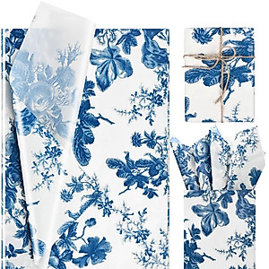 50 Sheets 28 * 20 Inches Chinoiserie Tissue Paper, Blue White Peony Pattern Tissue Paper for Gift Wrapping, Vintage Floral Decorative Tissue for Blue White Thanksgiving Wedding Tea Party DIY Craft