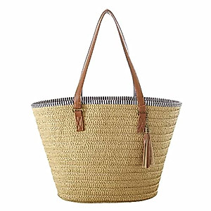 Simple Shoulder Woven Bag Fashion Tassel Pendant Straw Bag Beach Women's Bag Bamboo Basket Tote Bag Travel Soft Bags (Color : Beige)