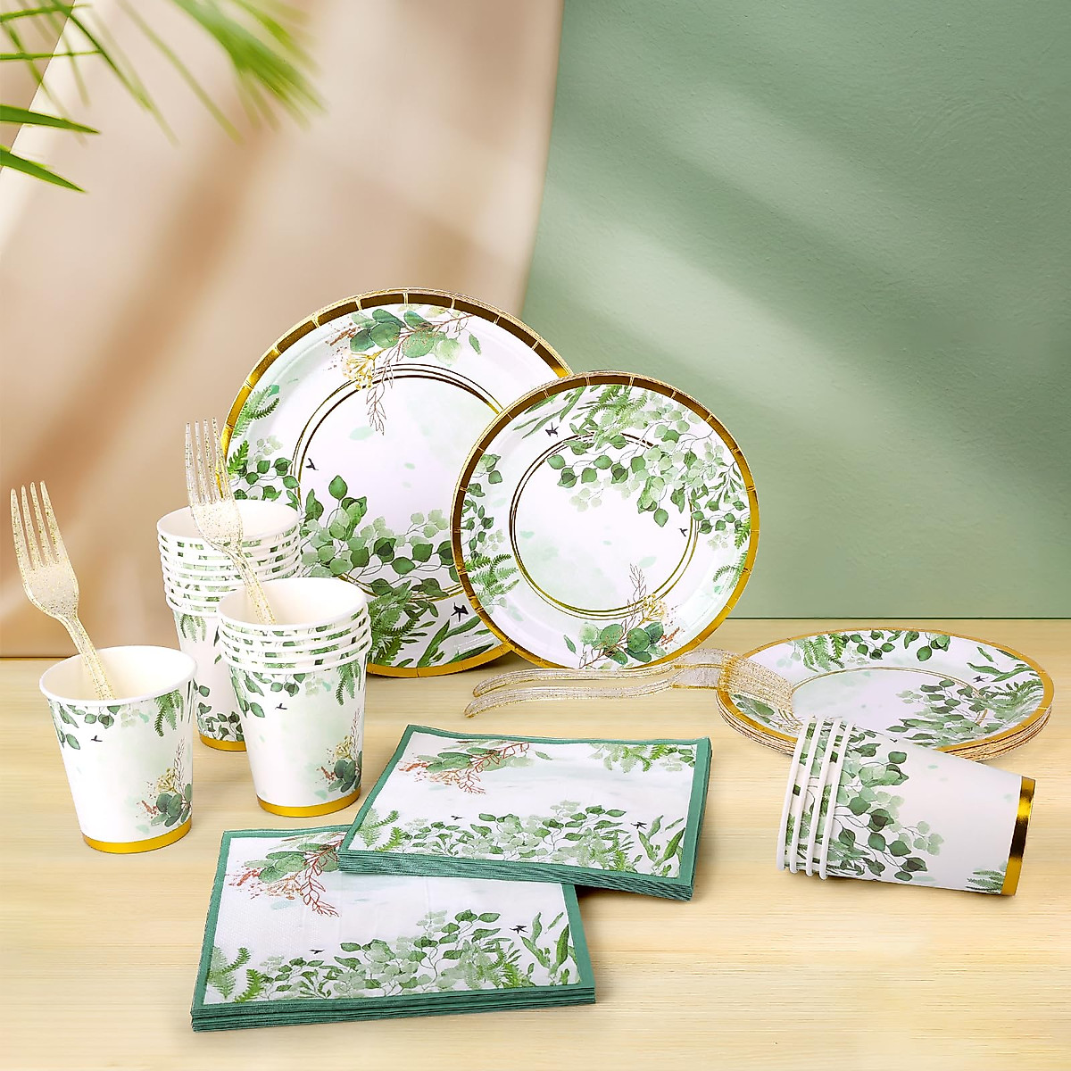 Etsutomy Sage Green Party Decoration, 126PCS Sage Green Plates and Napkins Party Supplies, Spring Greenery Eucalyptus Green Leaves Disposable Dinnerware Decor for Wedding Birthday Baby Shower
