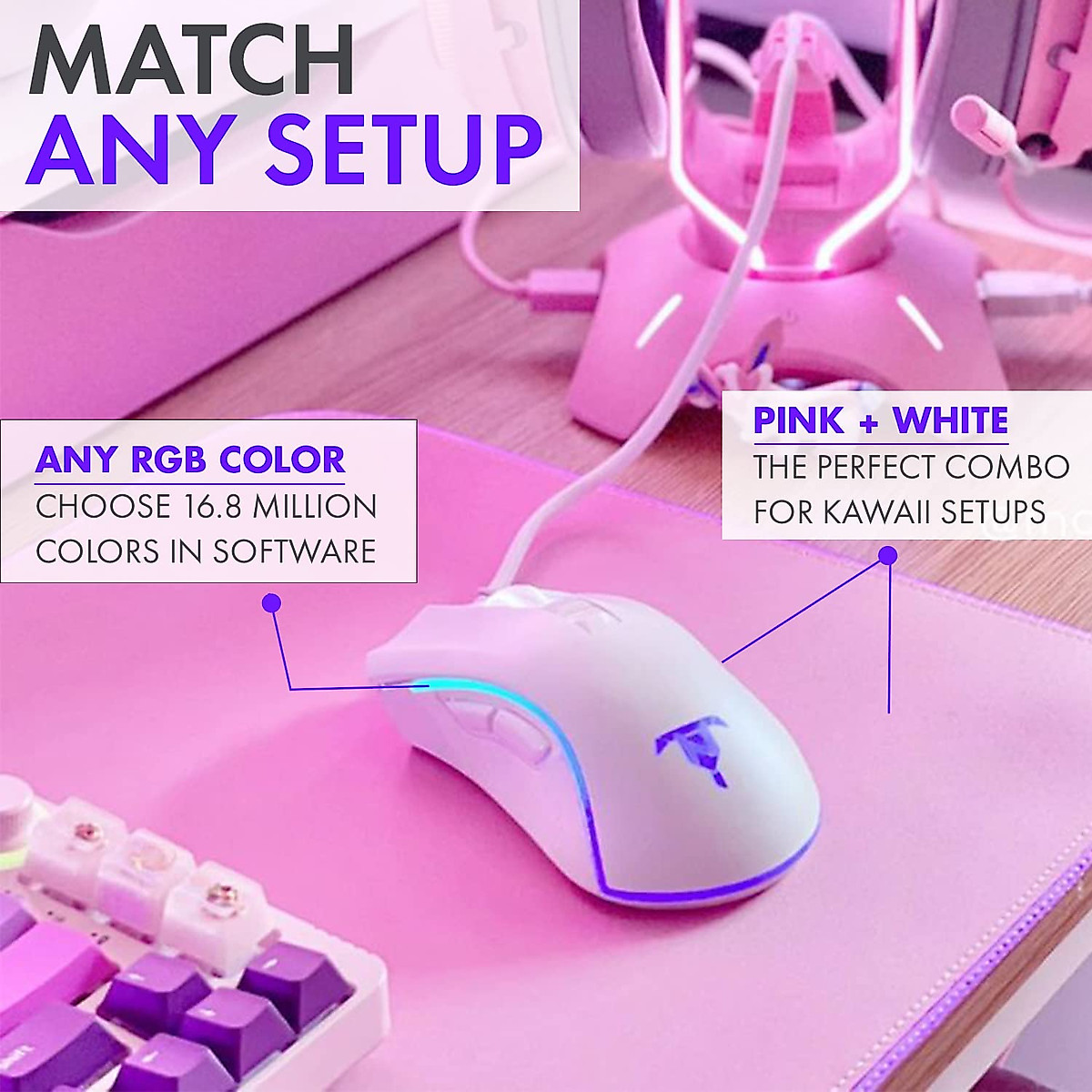 Tilted Nation White Gaming Mouse Wired, LED RGB Mouse for PC Gamers w/Lightweight Paracord Cable USB, 7 Programmable Buttons, Ergonomic Side Grips, 10K DPI, Mechanical Switches - White Mouse