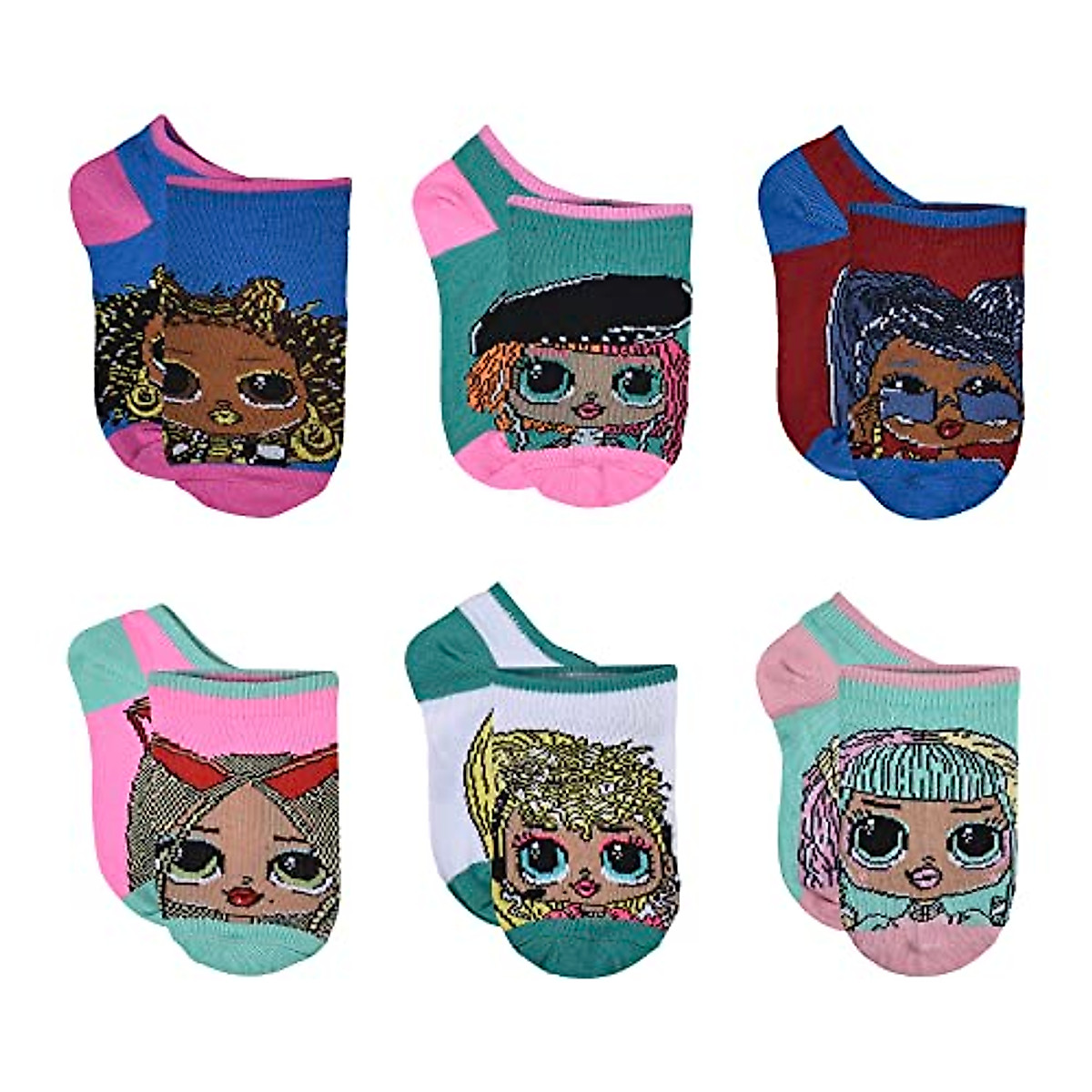 L.O.L. Surprise! Girl's 6-Pack OMG Check it Out No Show Socks, Blue, 6-8