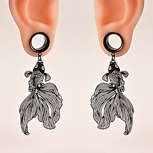 DOEARKO 2PCS Ear Gauges Cool Fish-Pendant 316 Hypoallergenic Stainless Steel Dangle Ear Plugs Tunnels Gauges Stretcher Pair Selling 2g 0g Piercing Body Jewelry (14mm(9/16"), Black)