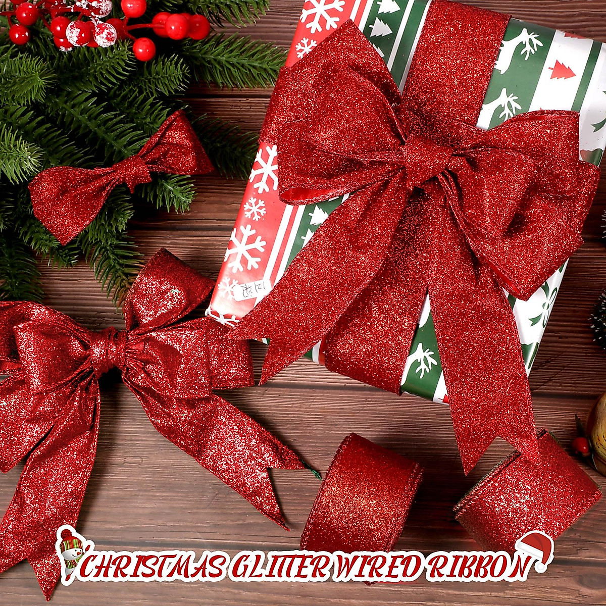 Yinder 4 Roll 40 Yards Christmas Metallic Wired Ribbon - Thick, Glitter, Tree & Gift Wrapping Ribbon for DIY Crafts & Xmas Party Decorations (Red, 2.5 Inch)