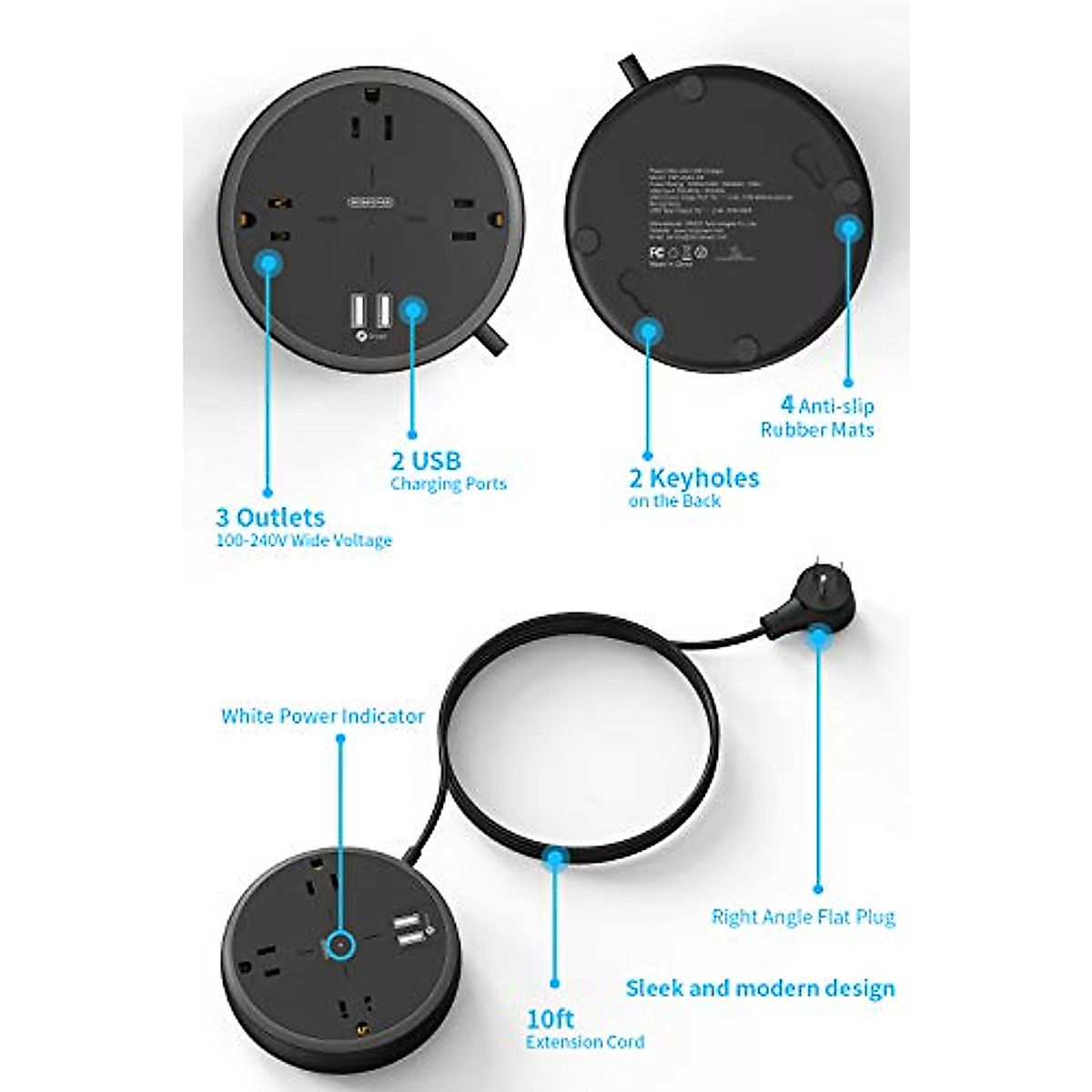 Extension Cord 10 ft, NTONPOWER 3 Widely Spaced Outlets Power Strip with USB Port, Wall Mountable, Flat Plug Extension Cord with USB, Overload Protection for Home, Office, Travel, Dorm Essentials