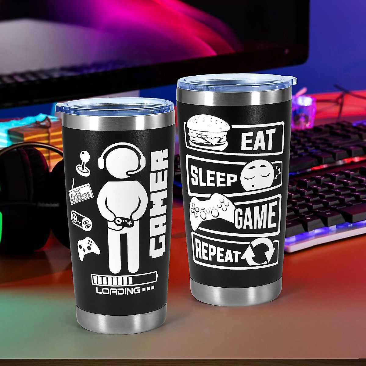 Icesip 20oz Gamer Tumbler - Stainless Steel Gaming Mug with Straw & Brush - Cool Game Controller Design - Birthday Gift for Men, Boys, Gamers