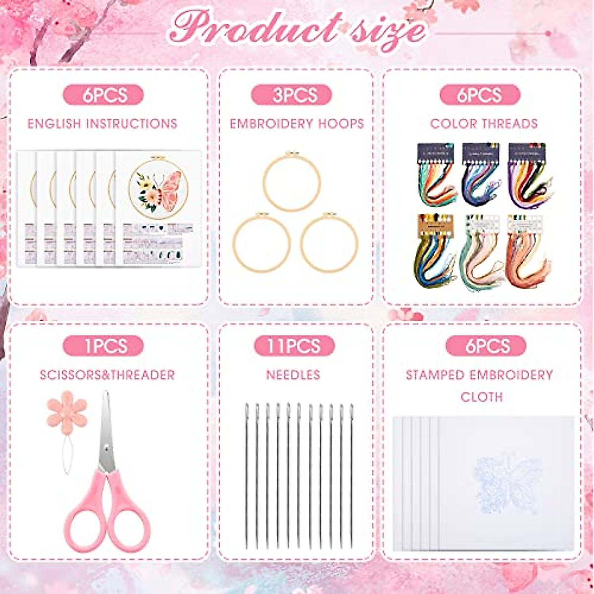 6 Set Butterfly Embroidery Kit Butterfly and Flower Cross Stitch Set Embroidery Kits for Adults with Patterns Instructions Embroidery Hoops Threads Needles Scissor Needle Threader for Beginners