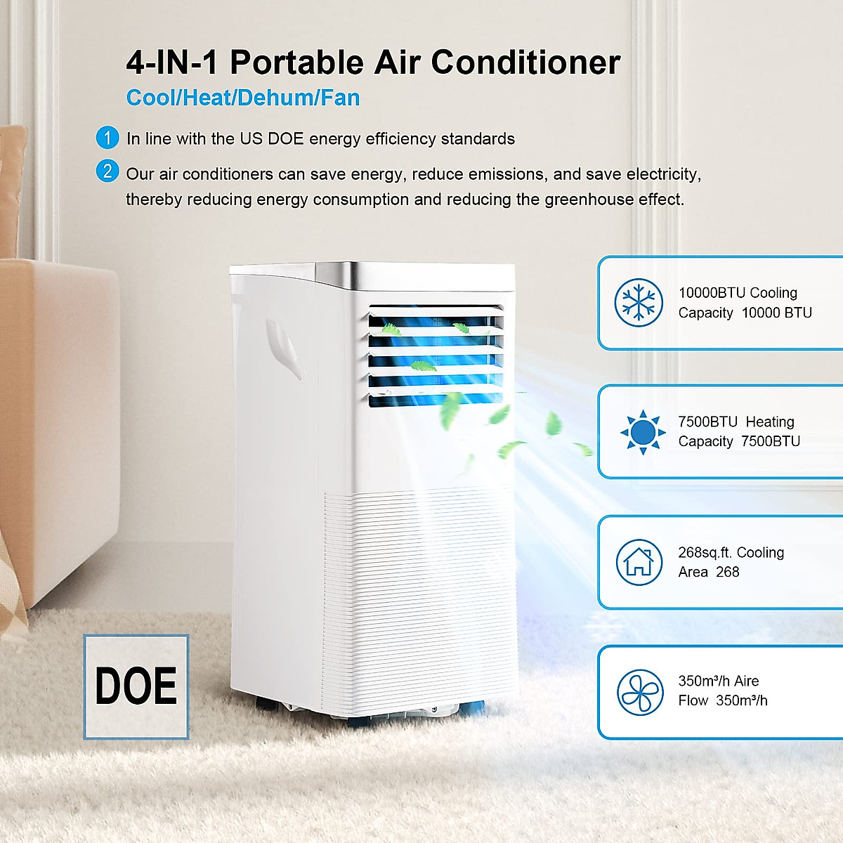AOXUN 10000BTU Portable Air Conditioner and Heater Dehumidifier and Fan with Remote Control, 4-IN-1 Portable AC Unit For Room, Office, Dorm, Bedroom (Window Venting Kit Included)