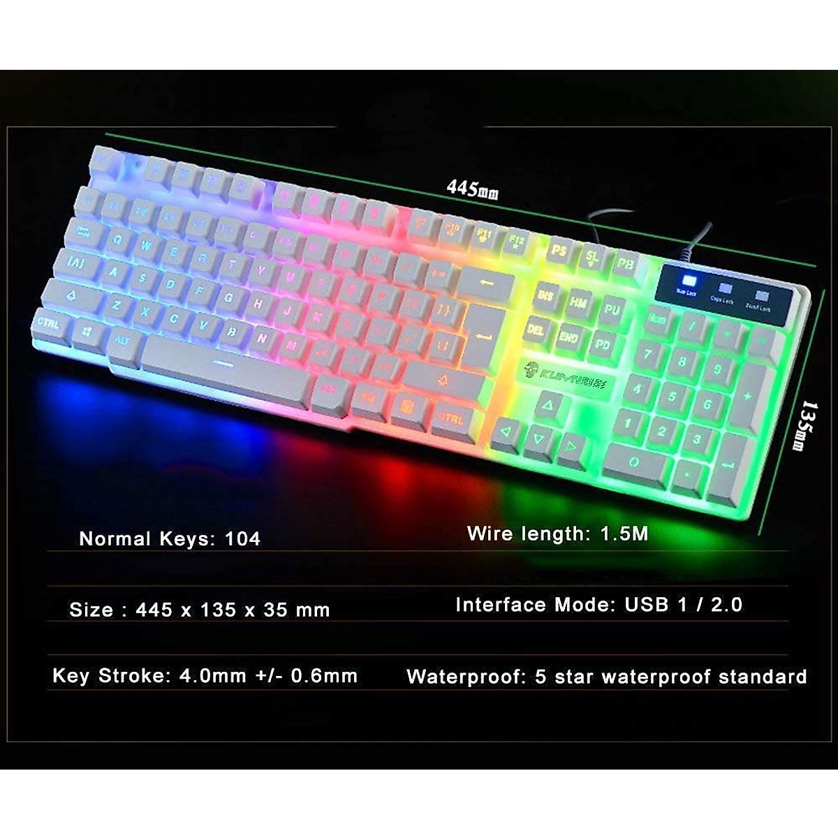 Gaming Keyboard and Mouse,5 in 1 Gaming Combo,12W HD Sound Speakers Rainbow LED Backlit Wired Keyboard,2400DPI 6 Button Optical Gaming Mouse,Gaming Headset,Gaming Mouse Pad for PC Gaming(White)