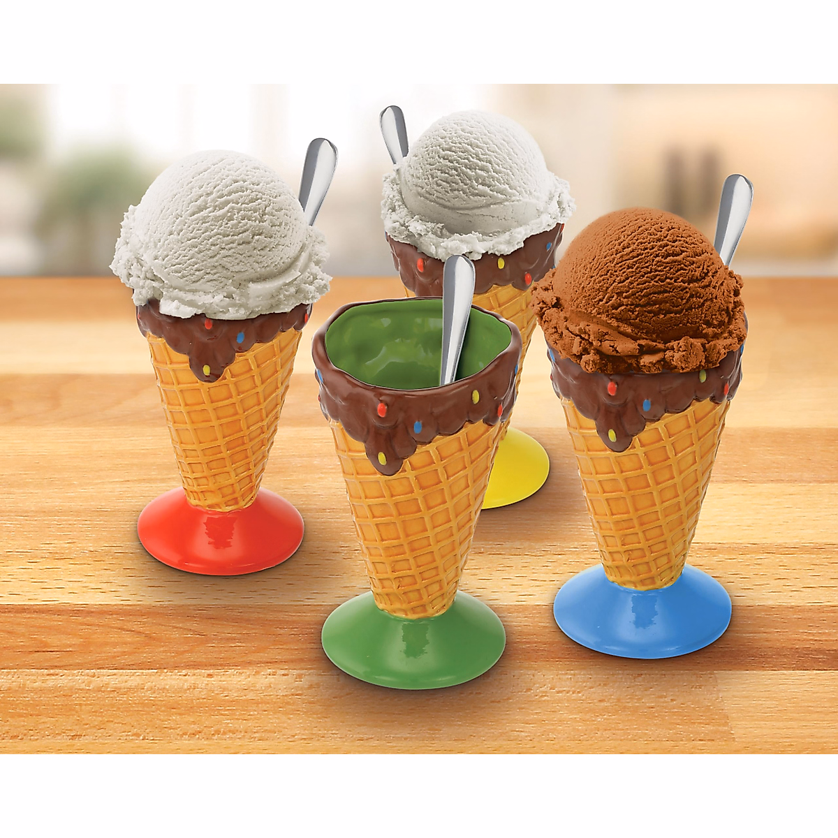 Kovot Ceramic Dessert & Ice Cream Cone Set - Includes 4 Ceramic Cones And 4 Metal Spoons