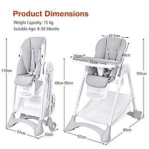 HONEY JOY Baby High Chair, Foldable Highchair for Babies and Toddlers, Detachable Trays & PU Leather Seat Cushion, 4 Wheels with Locks (Gray)