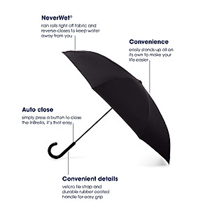 Totes InBrella - Reverse Close Umbrella with Invisible Water Repellent Coating - Auto Close, Inverted, Dripless, and Stormproof for Rainy Weather