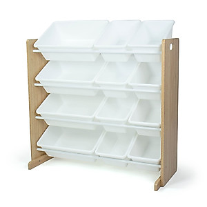Humble Crew, Natural Wood/White Kids Toy Organizer with 12 Storage Bins & 4 tier, Natural/White Kids Book Rack Storage Bookshelf with Deep Sleeves, Universal