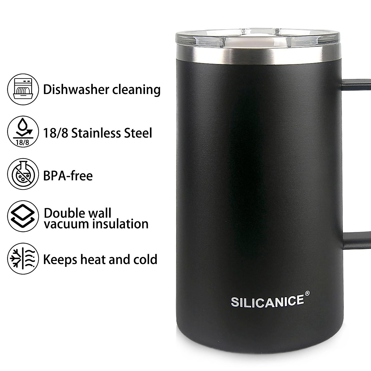 SILICANICE 24 oz stainless steel thermal coffee mug, double-layer insulation, easy to hold and clean, suitable for coffee, cola, protein powder, beer, car water cup