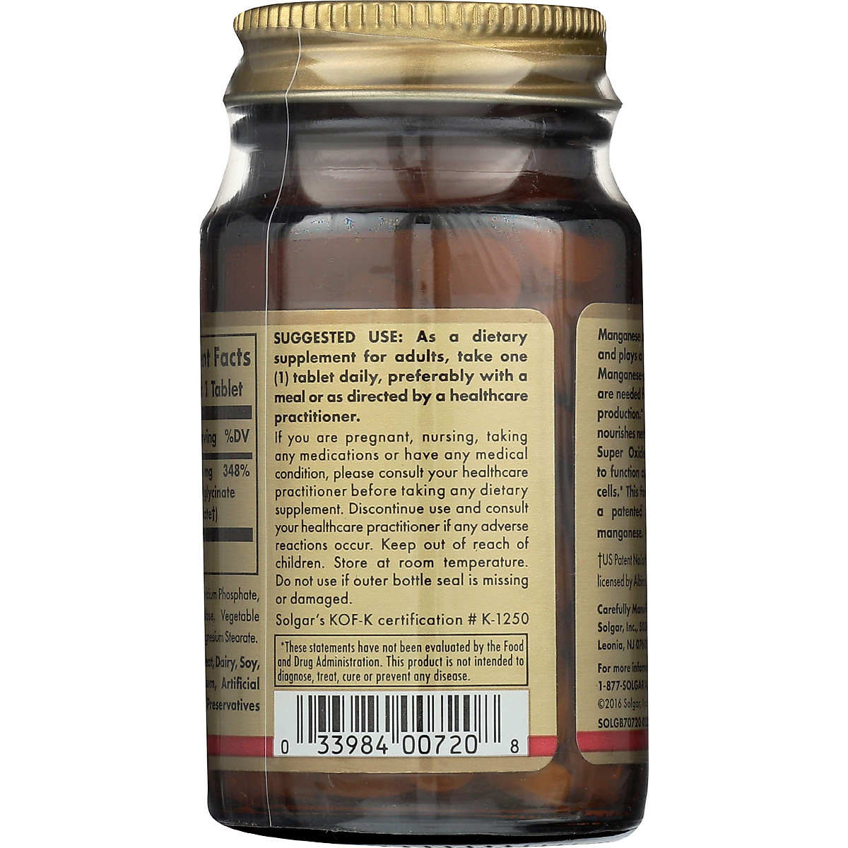 Solgar Chelated Manganese Tablets, 100 Tabs