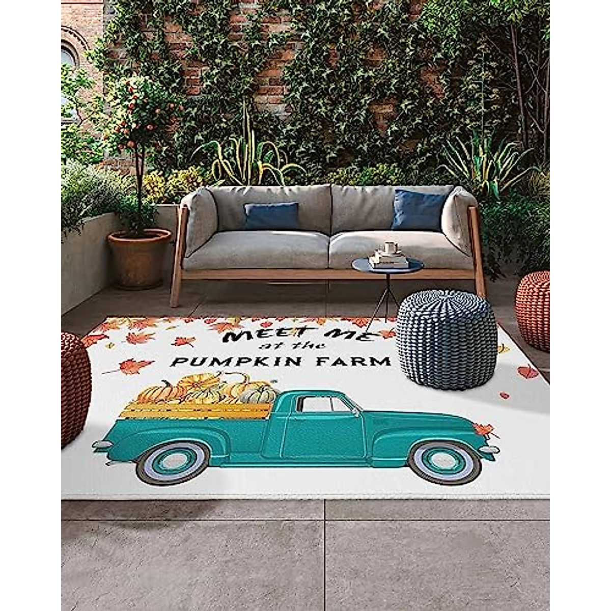 Thanksgiving Outdoor Rug, Large Floor Mat Pumpkin Truck Maple Leaf Non Slip Area Rug Rubber Backing Quick Dry Clearance Carpet for Camping Rugs, Patio, Garden, Lawn, Deck, Porch, 5' x 8'