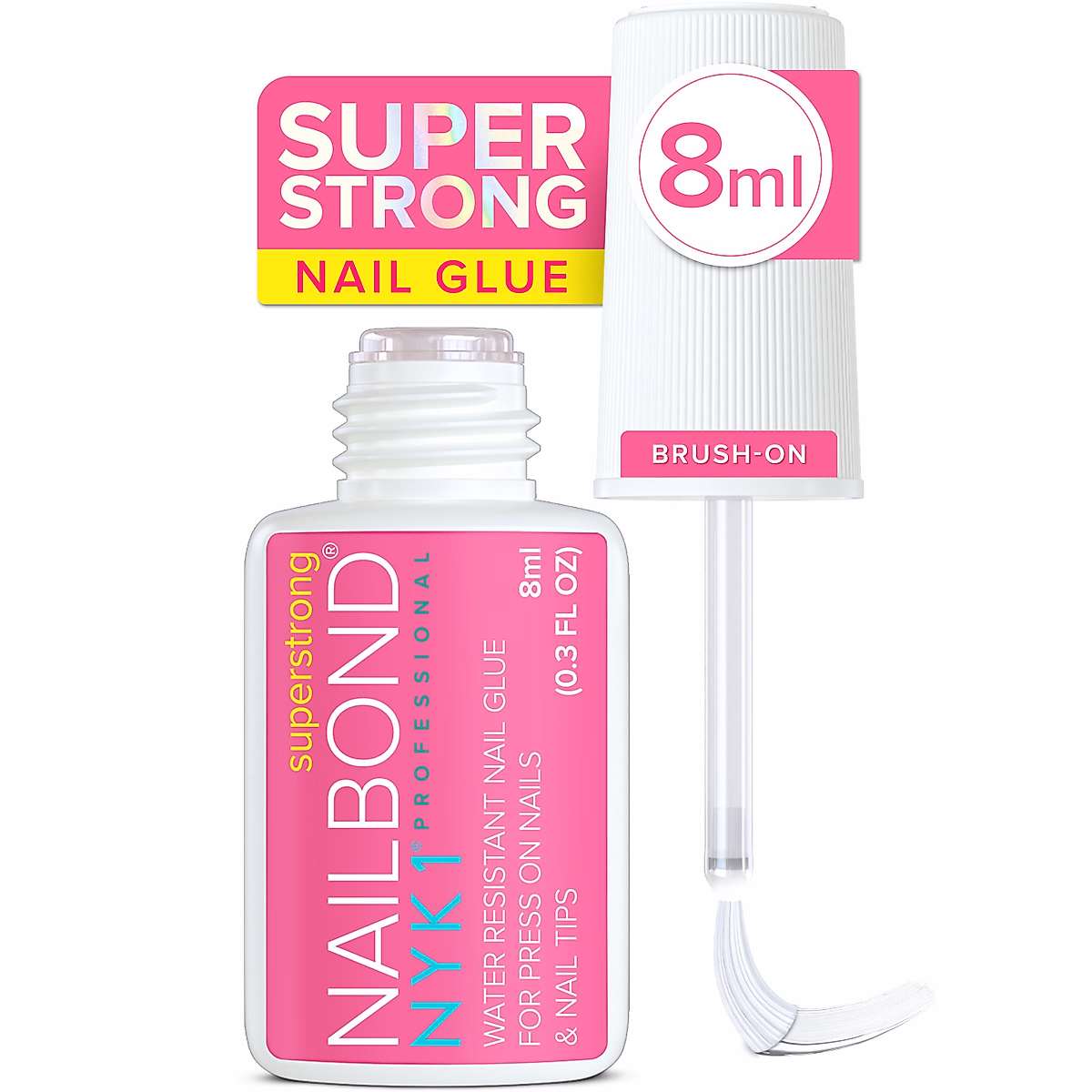 Super Strong Nail Glue for Press On Nails, Nail Tips & Acrylic Nails (8ml) NYK1 NailBond Brush On Glue for Press Ons, Fake Nails Tips & Acrylics - Long Lasting, Maximum Strength, Mess-Free Application