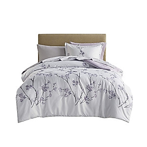 Comfort Spaces Bed in A Bag - Trendy Casual Design Cozy Comforter with Complete Sheet Set with Side Pocket, All Season Cover, Matching Shams Twin XL(66 in x 90 in), Kate, Grey/Purple 6 Piece