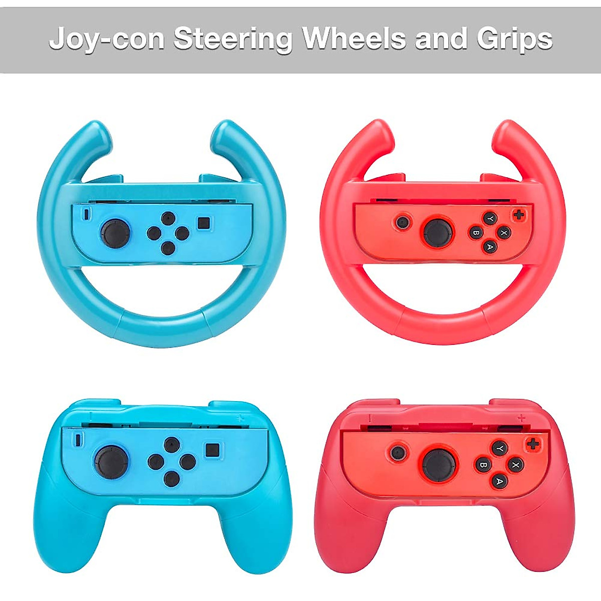 Accessories Kit Bundle for Nintendo Switch, 1x carry case,2x Grips kit,2x Steering Wheel,1x crystal case for switch,2x Case for Joy-Con,2x Thumbstick Caps,1x Glass screen protector