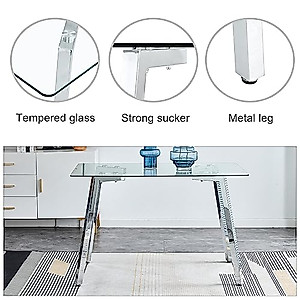 Glass Dining Table Set for 4,Rectangle Dinner Table with 4 White Leather Kitchen Chairs,51 in Kitchen Room Dining Set,0.31” Tempered Glass Table Top with Silver Metal Legs,4 Dining Chairs