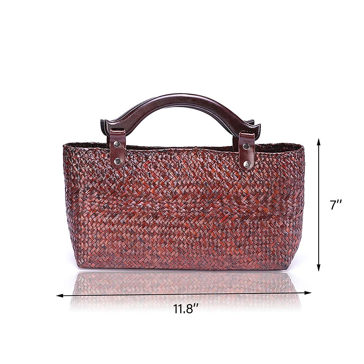 QTKJ Hand-woven Large Retro Straw Handbag Bag Summer Beach Boho Rattan Tote Travel Bag with Wooden Top Handle (Red)
