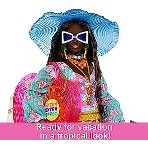 Barbie Extra Fly Doll with Beach-Themed Travel Clothes & Accessories, Tropical Coverup with Oversized Hat & Bag