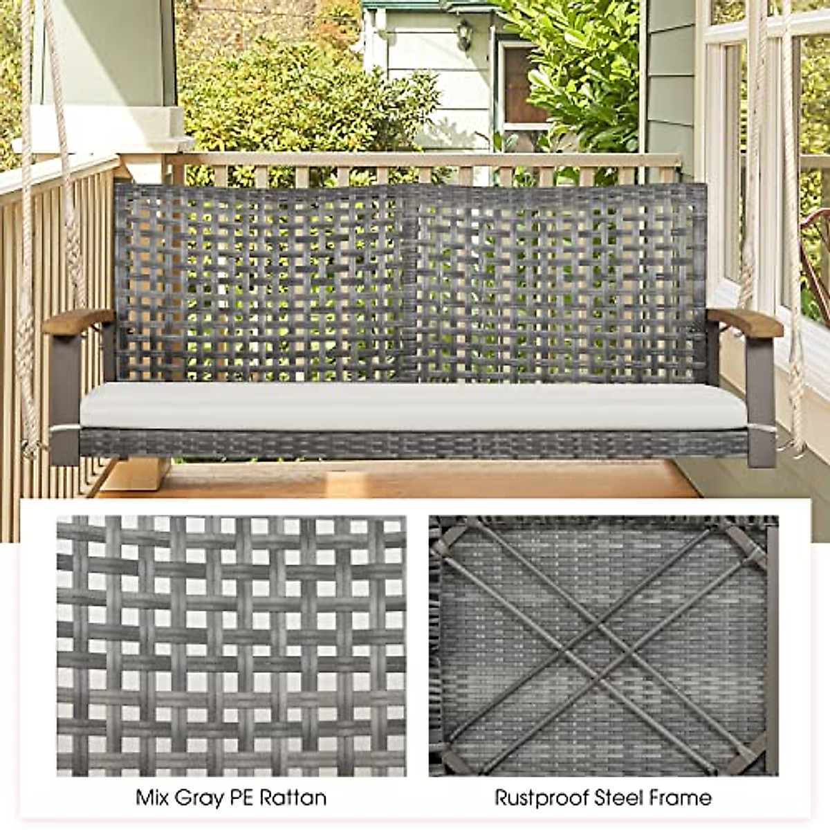 Tangkula 2-Person Outdoor Porch Swing with 118" Hanging Ropes, Patiojoy PE Wicker Patio Hanging Swing Bench with Soft Seat Cushion & 800 Lbs Weight Capacity, Suitable for Patio, Garden (Off White)