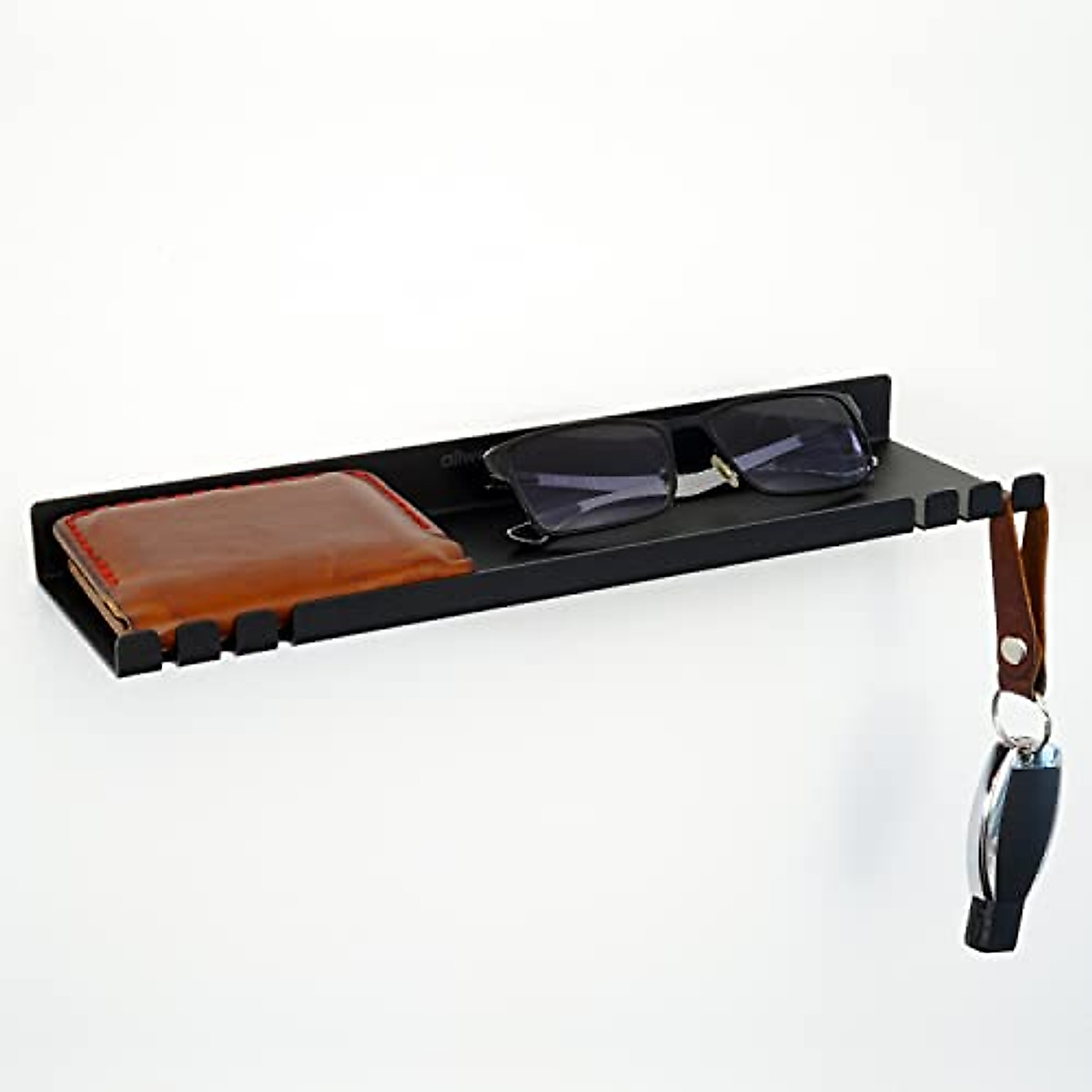 ALLWELL SELECT Small Floating Shelf Organizer with Hooks for Keys and Mail, Jewelry, Phones, Cables – for Entryway, Hallway, Kitchen, Office, Bedroom, Mudroom, Bathroom, or Desk (12", Black)