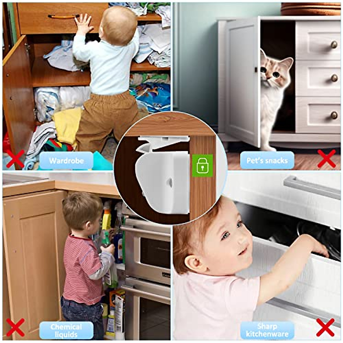Child Magnetic Cabinet Locks (10 Locks and 2 Keys) -Baby Proofing Cabinet Latch Locks with Lighting Function, Fit Most Cabinets and Drawers