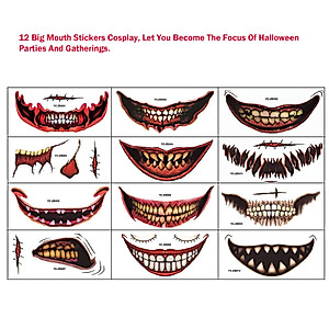 26pcs Halloween Face Big Mouth Fake Tattoos for Adults, Scary Prank Makeup Joker Temporary Tattoo Kit Women, Halloween Horror Clown Fake Face Stickers Kids (Big Face)