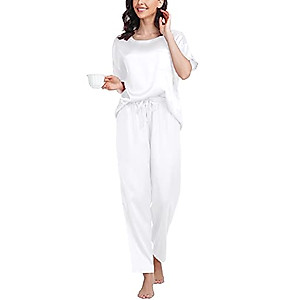 SWOMOG Pajamas Satin Pajamas Short Sleeve Silk Pjs Loungewear Long Pajama Pant Set Ladies Pajamas for Women Two Piece Pajama Set M White