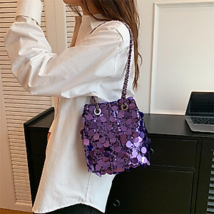 Glitter Sequin Evening Shoulder Crossbody Bag Women Bling Handbag and Purse Sparkly Prom Party Bucket Bag (Purple)