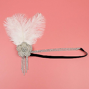 Positive Costume Great Gatsby Flapper Headband Elegant Crystal Rhinestone Flower Tassels 1920s Vintage Hairband Old Hollywood Glam Headpiece (White)