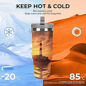 STVNKML 30 Oz Tumbler with Handle And Straw, Sea Lighthouse in Sunset Leakproof Stainless Steel Water Bottle for Hot & Cold Drinks 24 Hours, Car Cup Holder Friendly, Travel Mug for Home, Office, Gym
