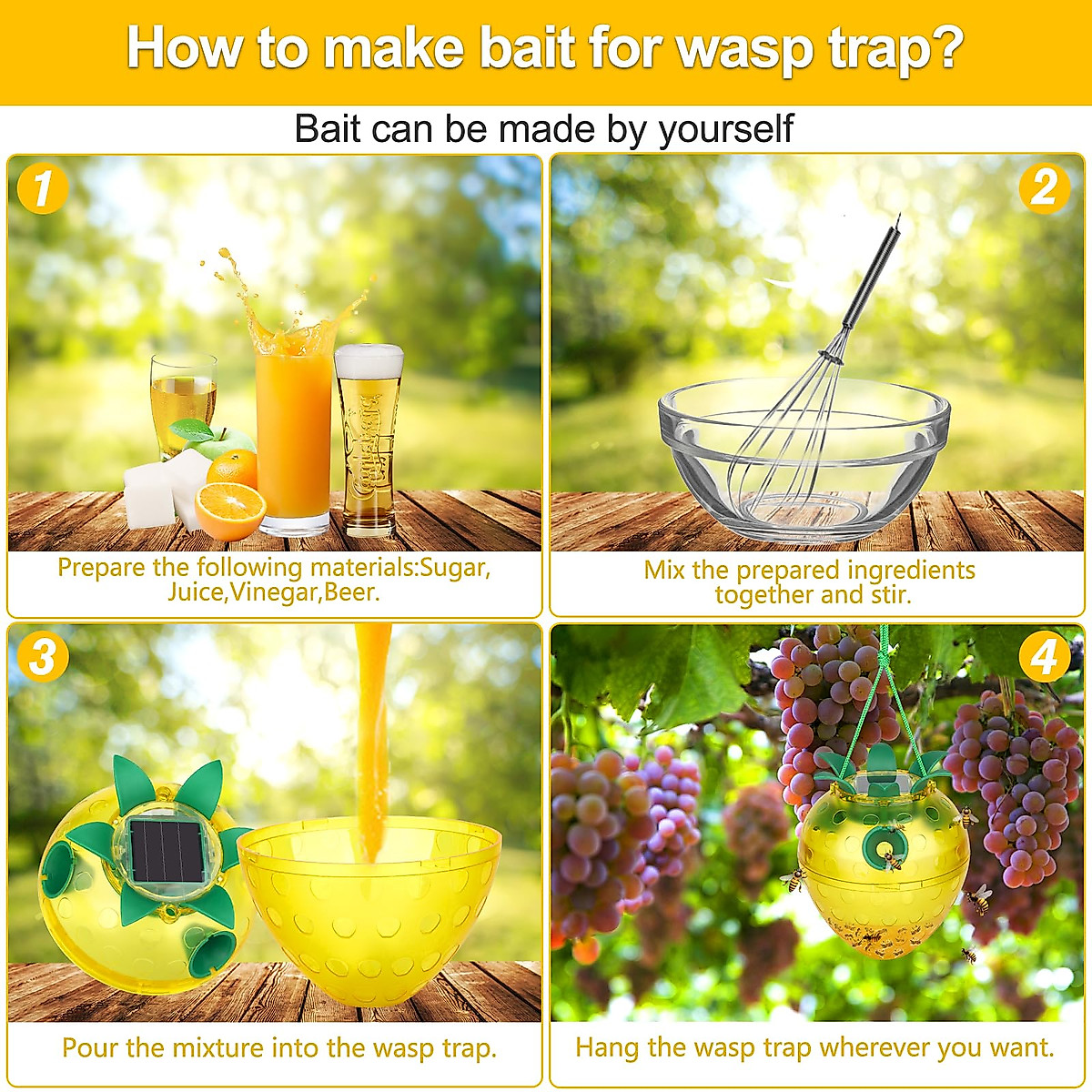 Wasp Traps Outdoor Hanging, Yellow Jacket Wasp Catcher for Trapping Hornet, Non-Toxic Reusable Wasp Catcher for Outdoors Trapping Wasp, Wasp Trap Solar Power Outdoor with LED Light （2P-Yellow）