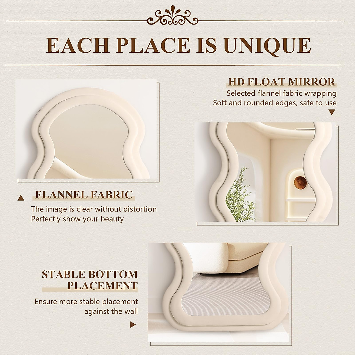 ABSWHLM Arched Full Length Mirror 63"x24" Irregular Wavy Mirror with Flannel Wrapped Wood Frame Floor Mirror for Living Room, Bedroom Hanging or Leaning Wall-Mounted, Milk White