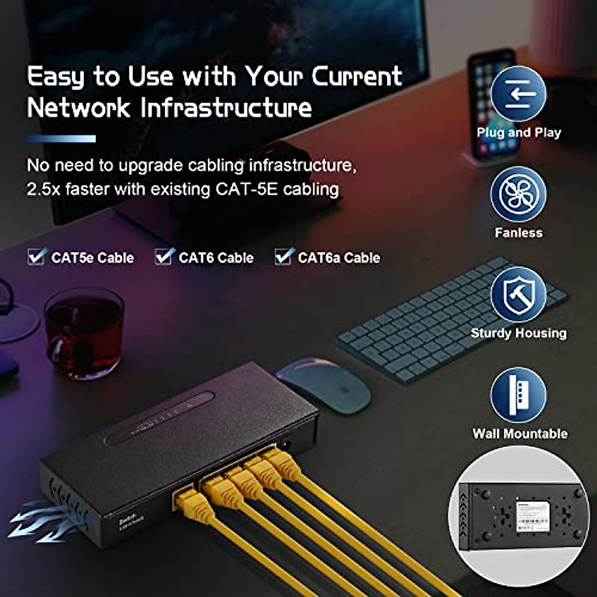 Binardat 5 Port Multi Gigabit Switch, 1 x 2.5 Gigabit and 4 x 1 Gigabit Ethernet RJ-45 Ports, Metal Fanless, Desktop and Wall Mount, Unmanaged Plug & Play Network Switch