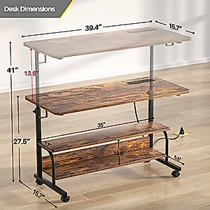 Height Adjustable Standing Desk with Power Outlets, 39" Manual Stand Up Desk with Storage Shelves Small Mobile Rolling Computer Desk Portable Laptop Table with Wheels for Home Office, Rustic