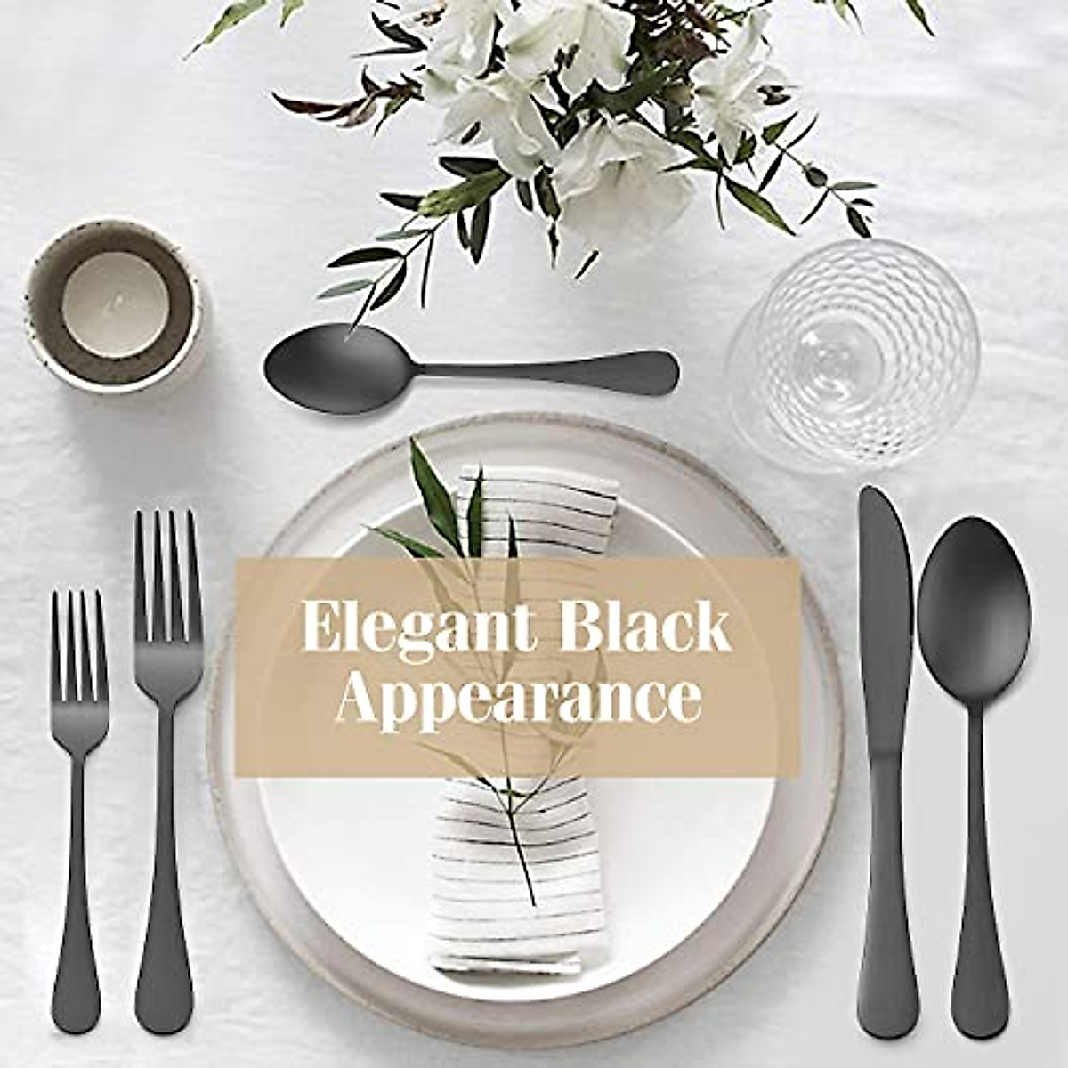 20-Piece Black Silverware Set with Tray, E-far Stainless Steel Flatware Cutlery Set Service for 4, Eating Utensils Tableware with Plastic Organizer for Home Kitchen, Matte Finished & Dishwasher safe