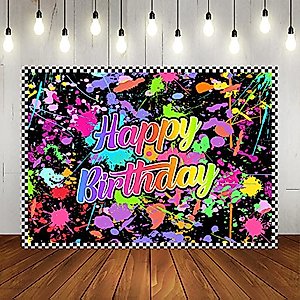 Lofaris Neno Glow in The Dark Birthday Backdrops for Photography Colorful Graffiti Splash Paint Party Background Slime Happy Birthday Theme Black Light Sleppover Party Decorations
