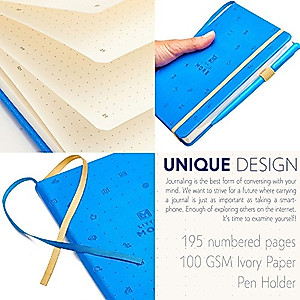 Little More Dot Grid Notebook - Dotted Notebook Journal Hardcover with Thick Paper - Leather Pocket Bullet Planner (7" x 5.5") - Small Diary with Numbered Pages with Pen Loop (Blue)