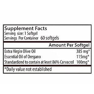 Zane Hellas Oregano Oil Softgels. Extra Strength. Every Softgel Contains 20% Greek Essential Oil of Oregano. 100 mg Carvacrol per Softgel. 60 Softgels.