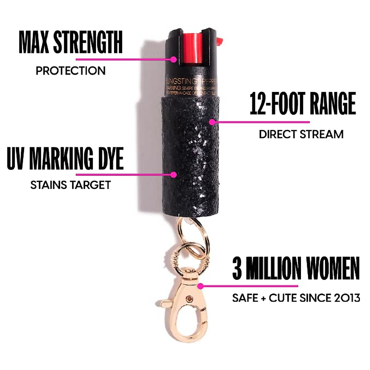 BLINGSTING Essentials Maximum Strength Pepper Spray Keychain for Women, 12-Foot Spray Range, UV Marking Dye - Glitter Sparkles