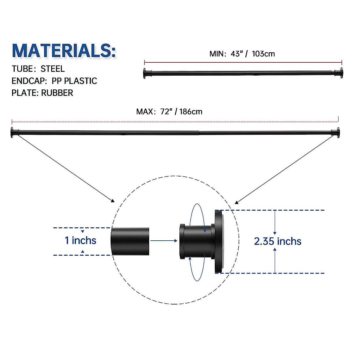 BRIOFOX Industrial Shower Curtain Rod - Never Rust Non-Slip 43-72 Inch Stainless Steel, Matte Black